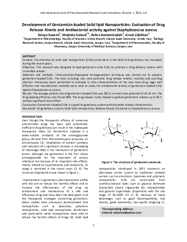 (PDF) Development of Gentamicin-loaded Solid lipid Nanoparticles ...