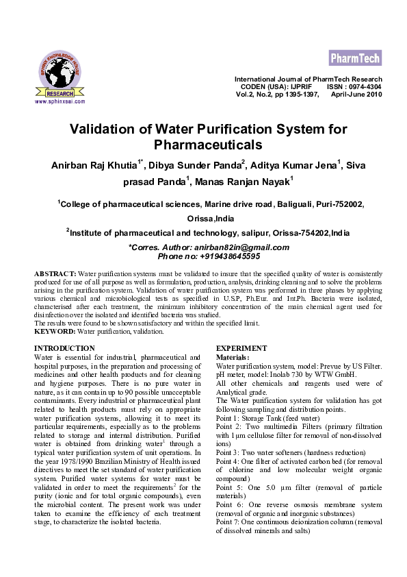 (PDF) Validation of Water Purification System for Pharmaceuticals