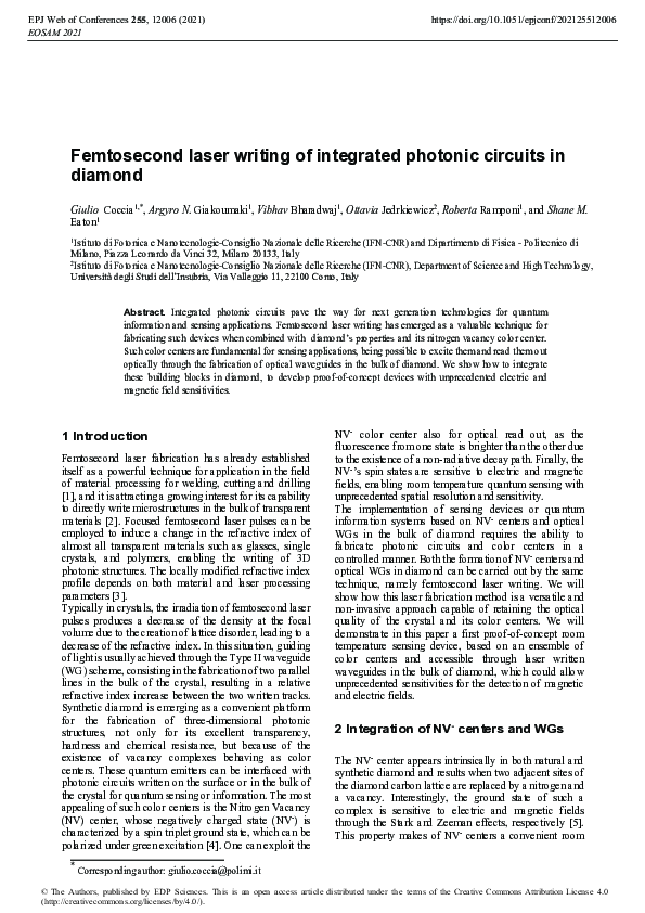 (PDF) Femtosecond laser writing of integrated photonic circuits in diamond