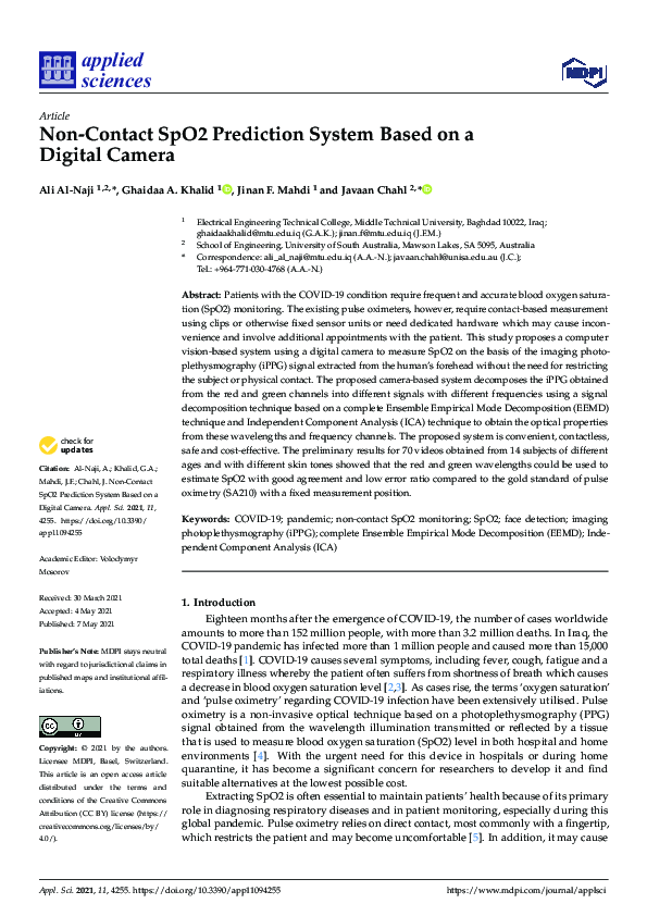 (PDF) Non-Contact SpO2 Prediction System Based on a Digital Camera