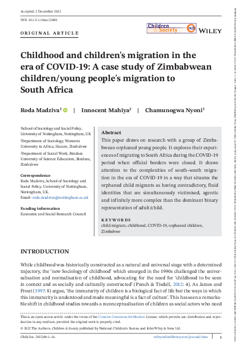 (PDF) Childhood and children's migration in the era of COVID‐19: A case ...