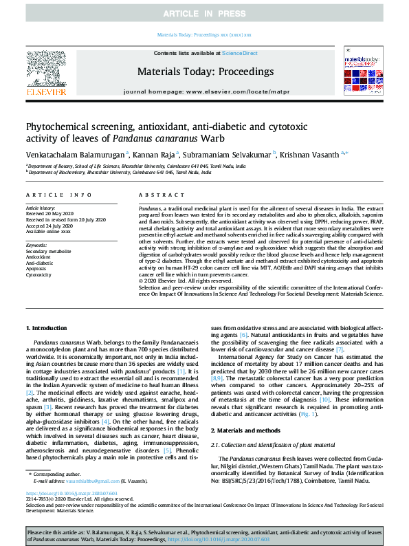 (PDF) Phytochemical screening, antioxidant, anti-diabetic and cytotoxic activity of leaves of ...