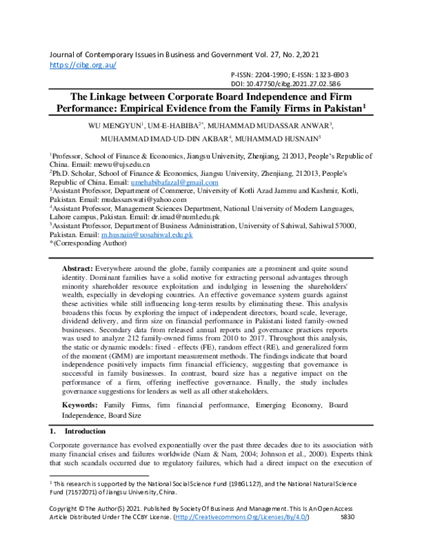 (PDF) The Linkage between Corporate Board Independence and Firm Performance: Empirical Evidence ...