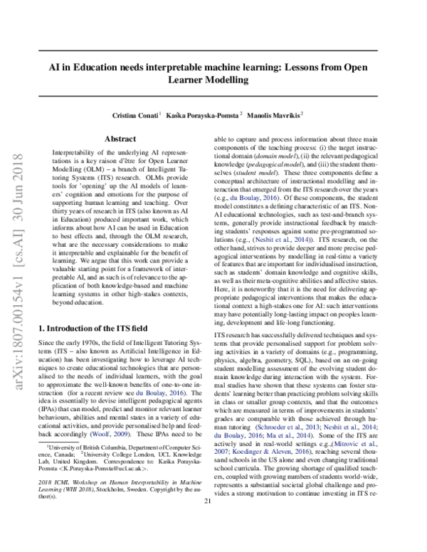 (PDF) AI in Education needs interpretable machine learning: Lessons from Open Learner Modelling