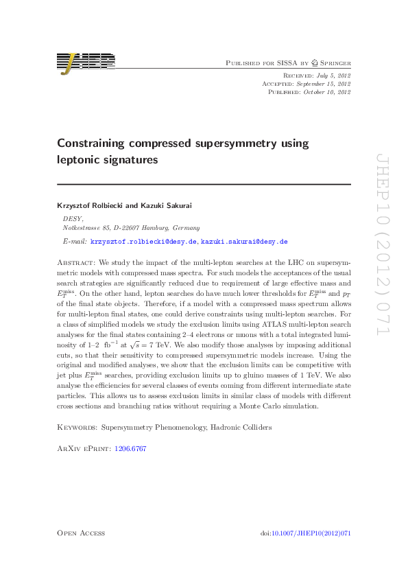 (PDF) Constraining compressed supersymmetry using leptonic signatures