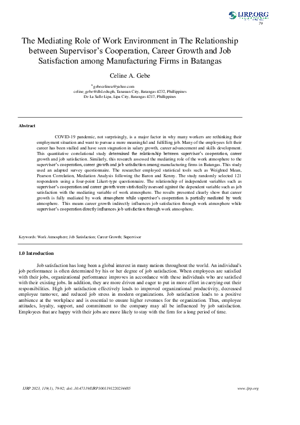 (PDF) The Mediating Role of Work Environment in The Relationship between Supervisor’s ...