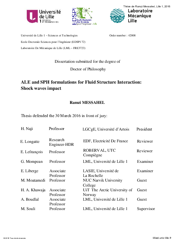 (PDF) Formulations ALE et SPH en Interaction Fluide-Structure : impact d’ondes de choc