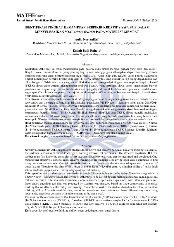 (PDF) Identifikasi Tingkat Kemampuan Berpikir Kreatif Siswa SMP Dalam Menyelesaikan Soal Open ...