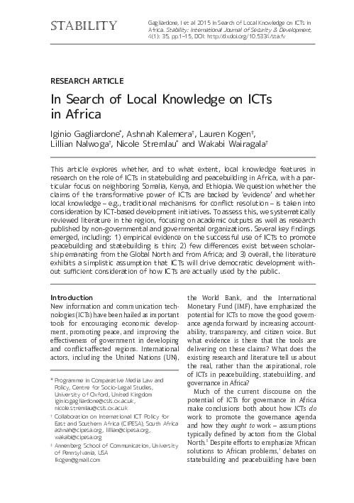 (PDF) In Search of Local Knowledge on ICTs in Africa