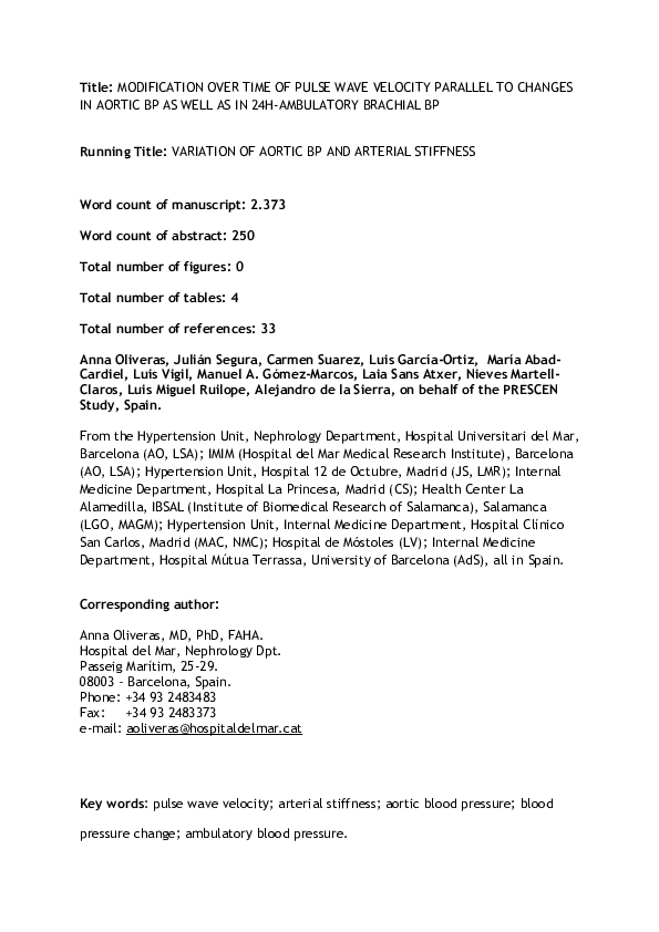 (PDF) Modification over time of pulse wave velocity parallel to changes ...
