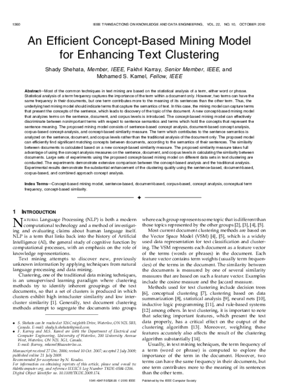 Pdf An Efficient Concept Based Mining Model For Enhancing Text Clustering Fakhri Karray