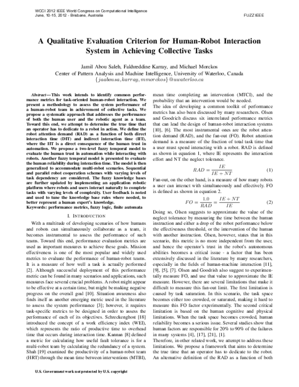 (PDF) A qualitative evaluation criterion for human-robot interaction system in achieving ...