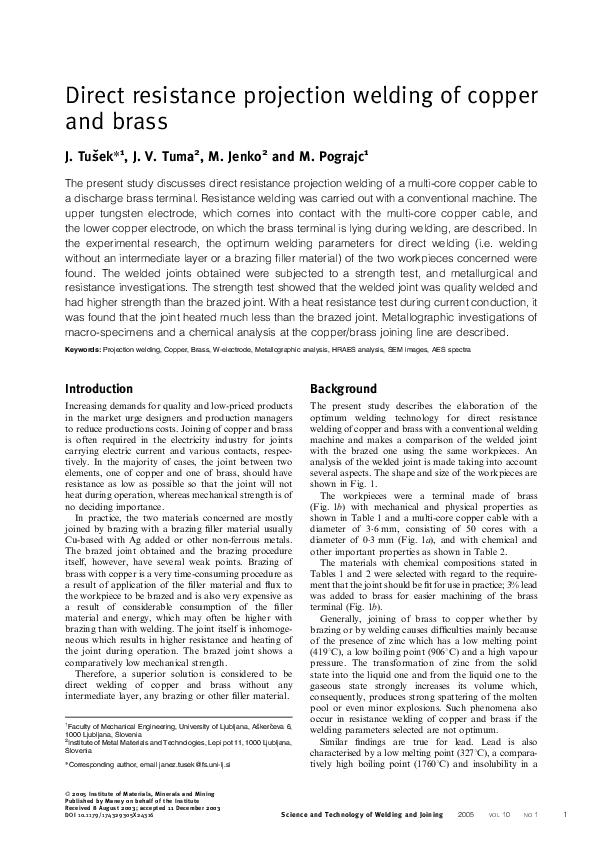(PDF) Direct resistance projection welding of copper and brass