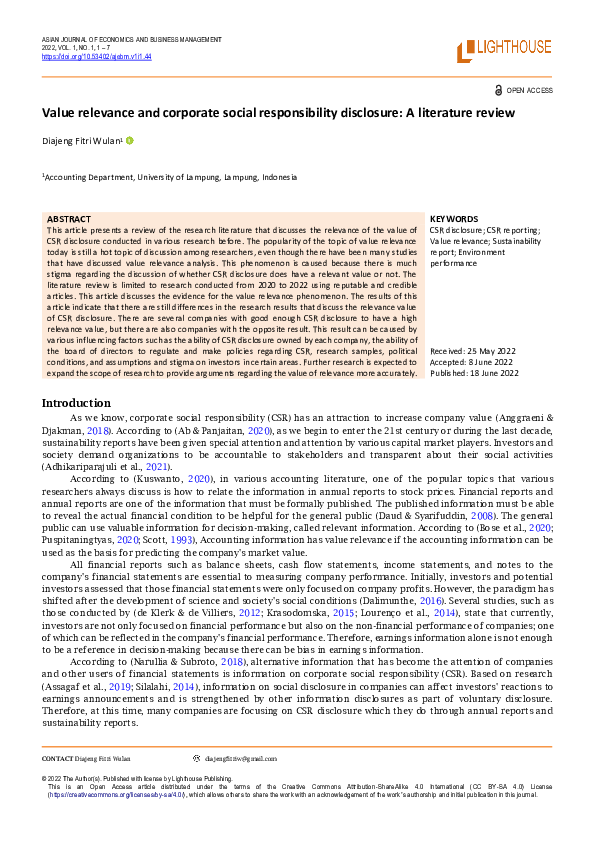 (PDF) Value relevance and corporate social responsibility disclosure: A literature review