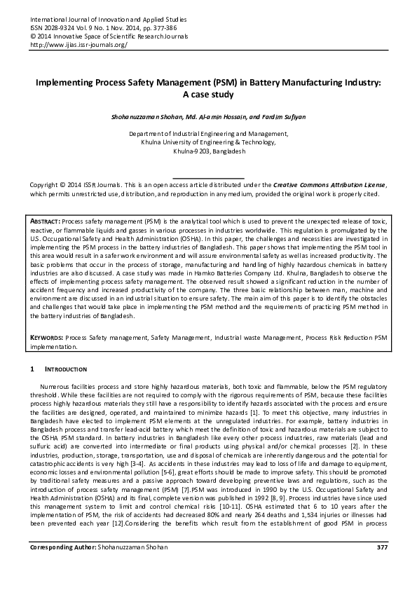 (PDF) Implementing Process Safety Management (PSM) in Battery ...
