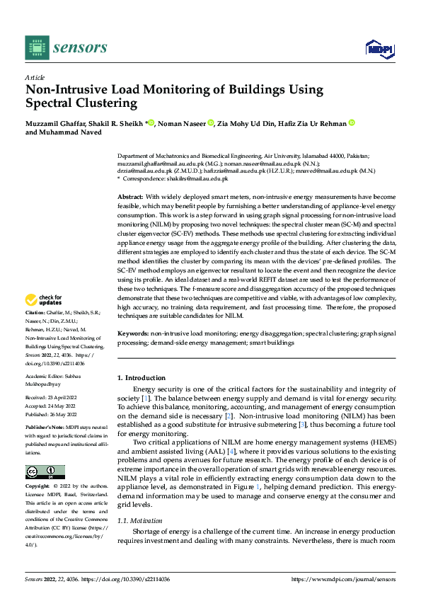 (PDF) Non-Intrusive Load Monitoring of Buildings Using Spectral Clustering