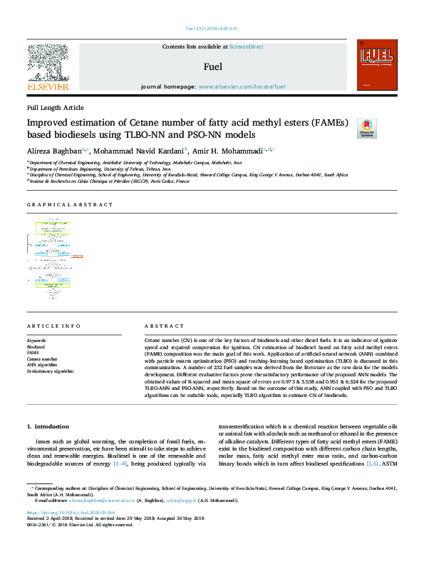 Pdf Improved Estimation Of Cetane Number Of Fatty Acid Methyl Esters Fames Based Biodiesels