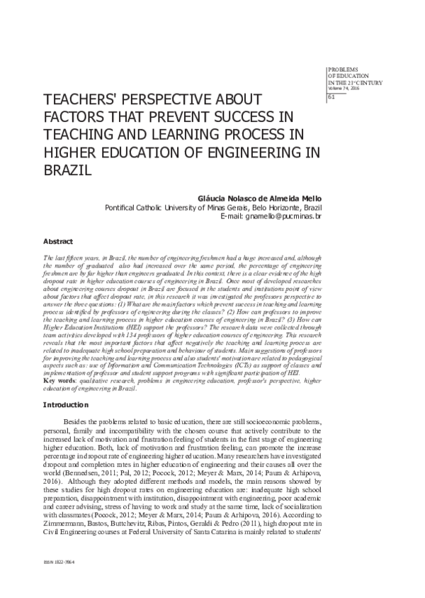 (PDF) TEACHERS' PERSPECTIVE ABOUT FACTORS THAT PREVENT SUCCESS IN TEACHING AND LEARNING PROCESS ...
