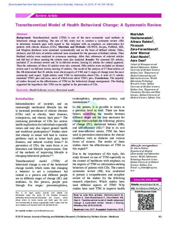 (PDF) Transtheoretical model of health behavioral change: A systematic review