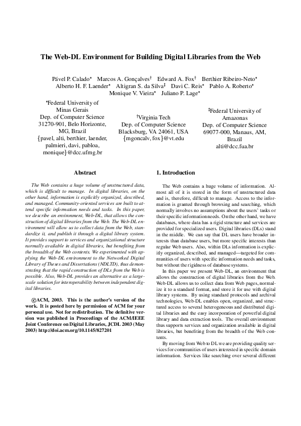 (PDF) The web-DL environment for building digital libraries from the web