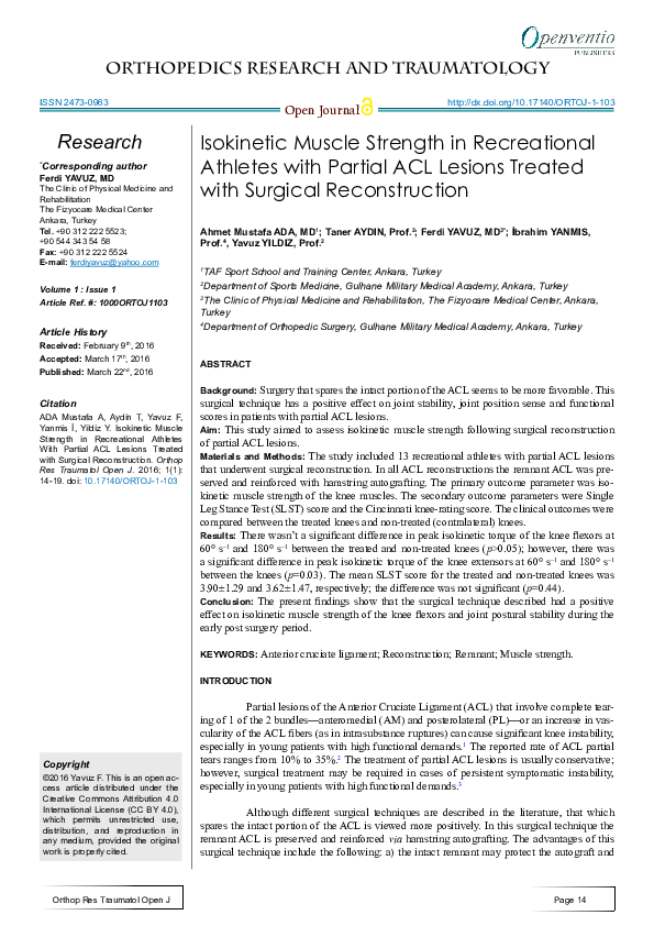 (PDF) Isokinetic Muscle Strength in Recreational Athletes with Partial ...