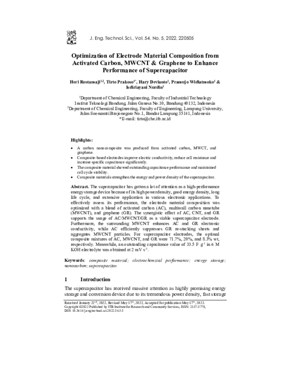 (PDF) Optimization of Electrode Material Composition from Activated Carbon, MWCNT & Graphene to ...