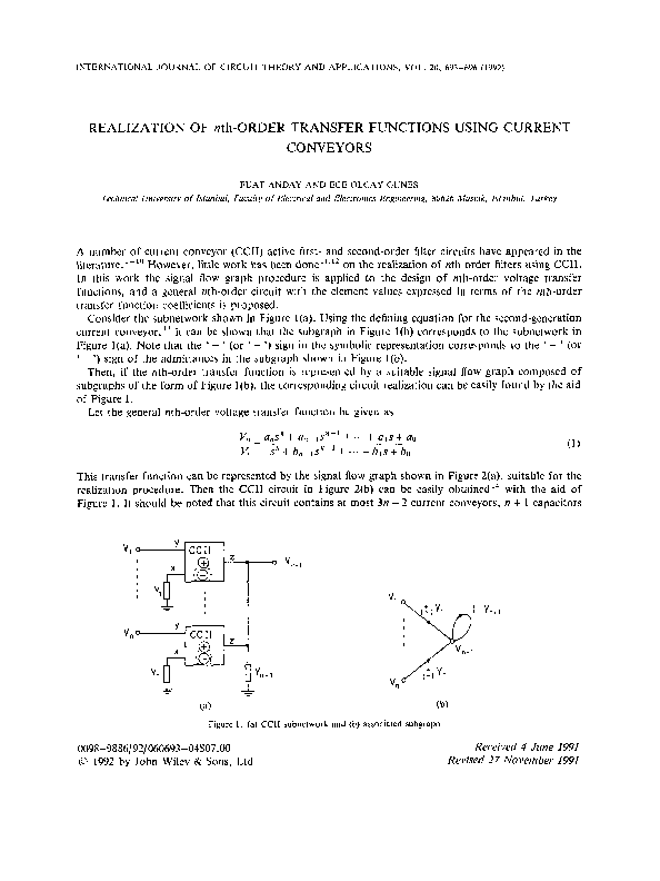 (PDF) Realization ofnth-order transfer functions using current conveyors | Fuat Anday - Academia.edu
