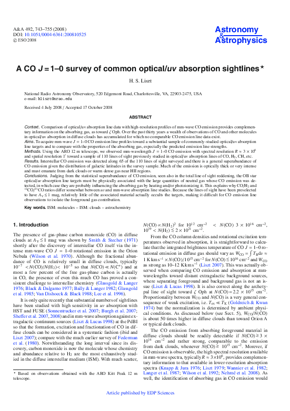 (PDF) A CO J = 1–0 survey of common optical/uv absorption sightlines