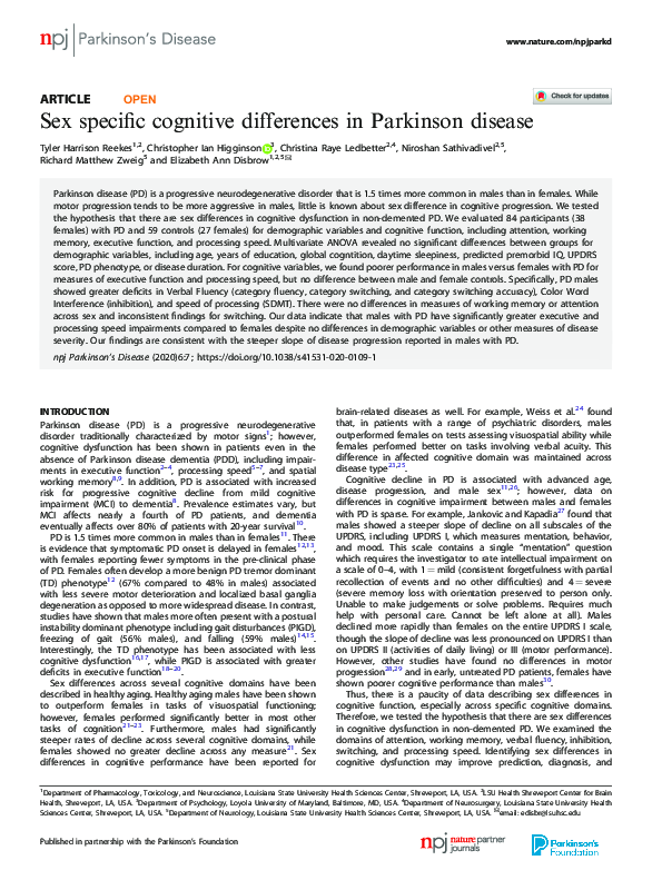 Pdf Sex Specific Cognitive Differences In Parkinson Disease