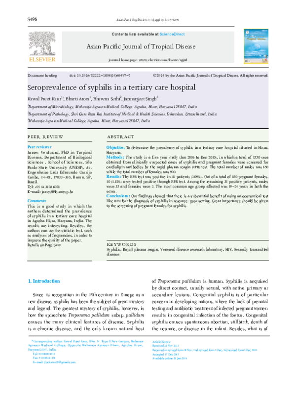 (PDF) Seroprevalence of syphilis in a tertiary care hospital