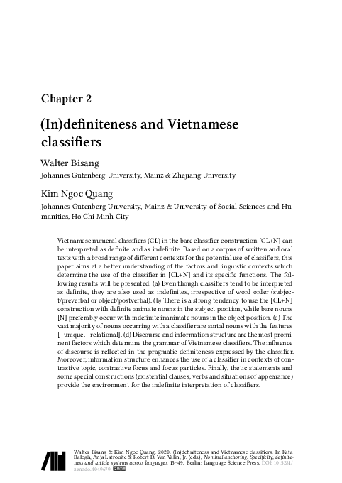(PDF) (In)definiteness and Vietnamese classifiers