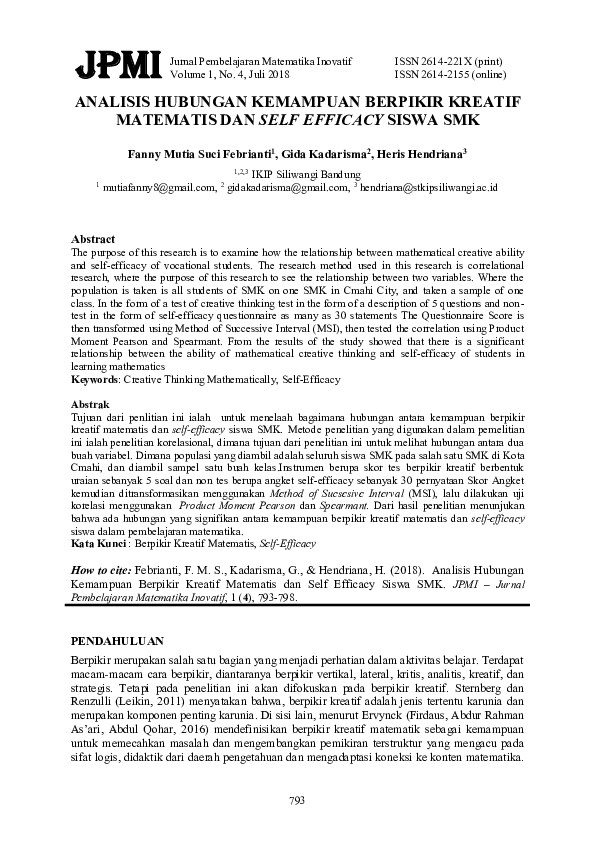 (PDF) Analisis Hubungan Kemampuan Berpikir Kreatif Matematis Dan Self Efficacy Siswa SMK | Heris ...