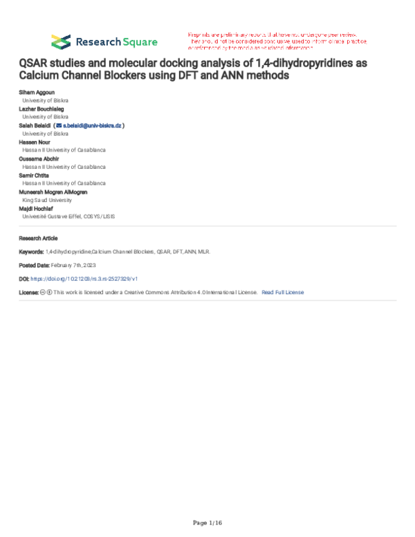 (PDF) QSAR studies and molecular docking analysis of 1,4-dihydropyridines as Calcium Channel ...