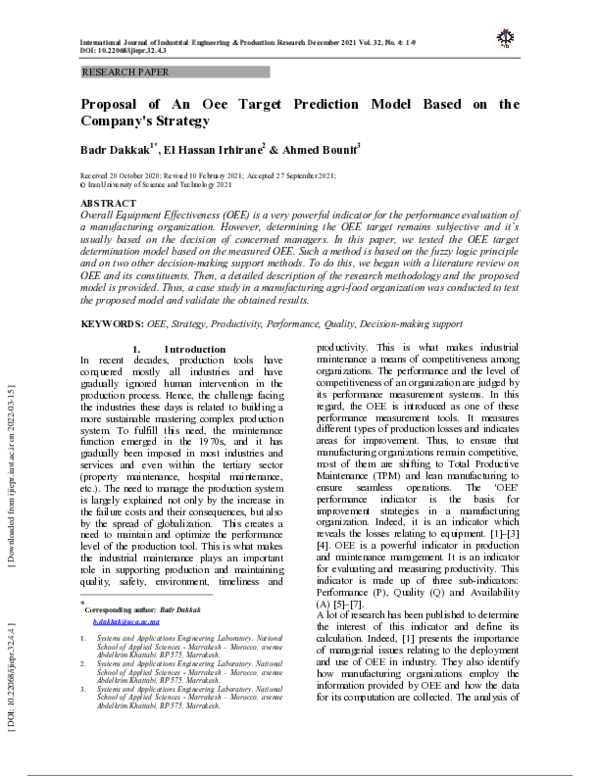 (PDF) Proposal of an Oee Target Prediction Model Based on the Company's ...