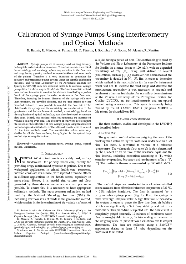(PDF) Calibration of Syringe Pumps Using Interferometry and Optical Methods