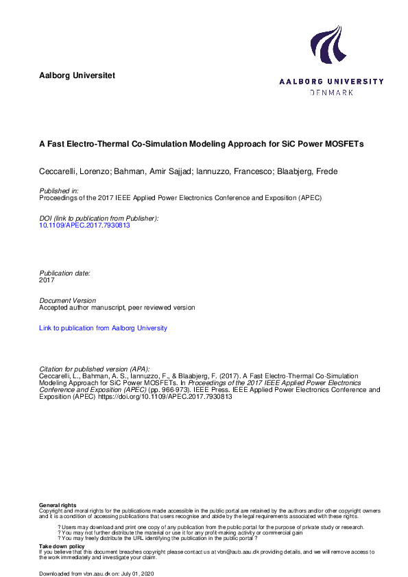 Pdf A Fast Electro Thermal Co Simulation Modeling Approach For Sic Power Mosfets