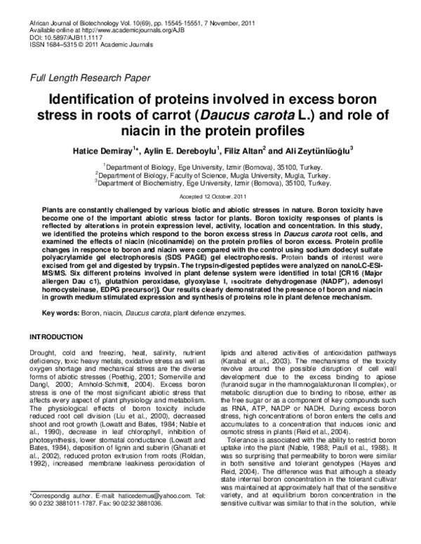 (PDF) Identification of proteins involved in excess boron stress in roots of carrot (Daucus ...