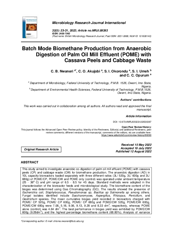 (PDF) Batch Mode Biomethane Production from Anaerobic Digestion of Palm ...