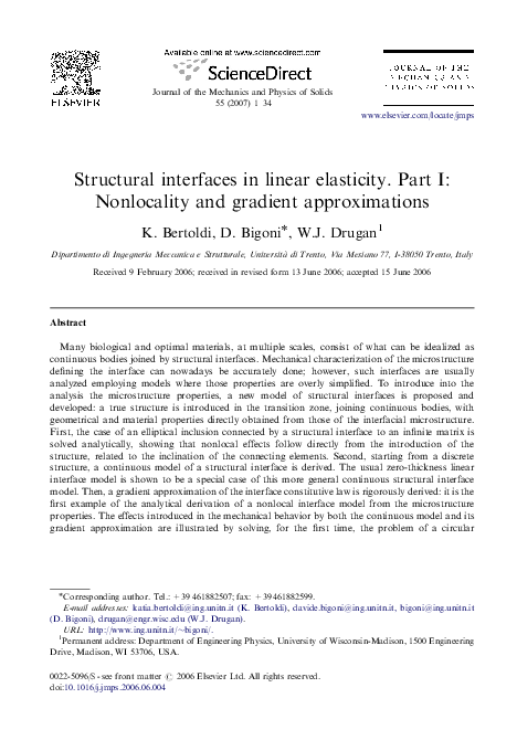 (PDF) Structural interfaces in linear elasticity. Part I: Nonlocality ...