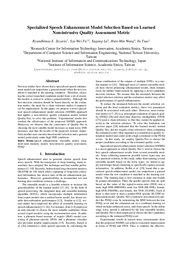 Pdf Specialized Speech Enhancement Model Selection Based On Learned Non Intrusive Quality