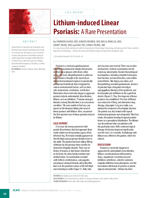 (PDF) Lithium-induced Linear Psoriasis: A Rare Presentation