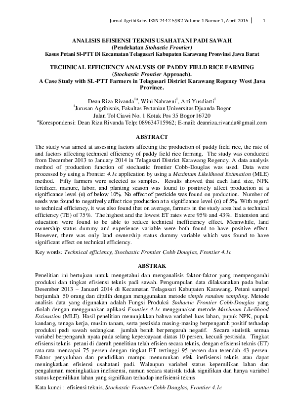 (PDF) Analisis Efisiensi Teknis Usahatani Padi Sawah