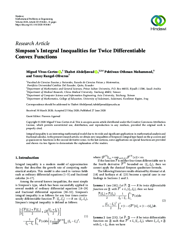 (PDF) Simpson’s Integral Inequalities for Twice Differentiable Convex Functions