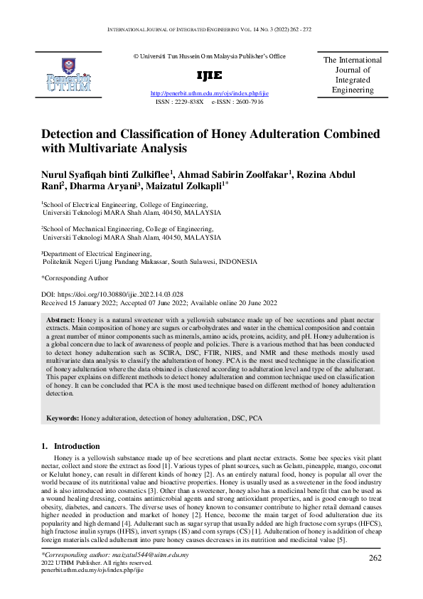 Pdf Detection And Classification Of Honey Adulteration Combined With Multivariate Analysis