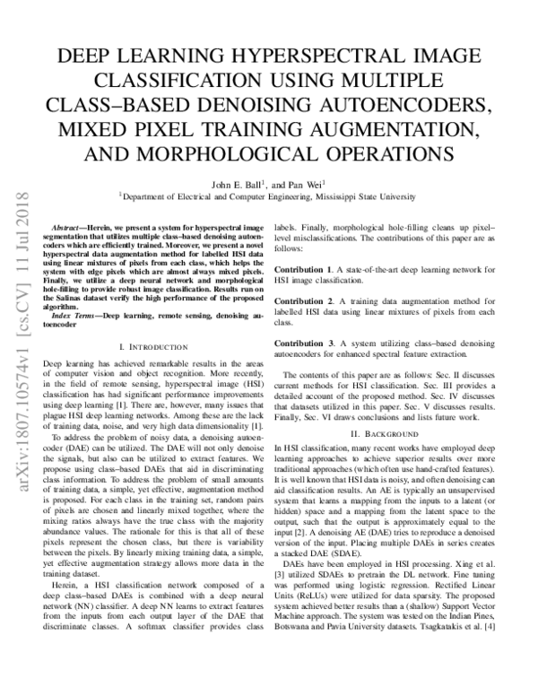 Pdf Deep Learning Hyperspectral Image Classification Using Multiple Class Based Denoising