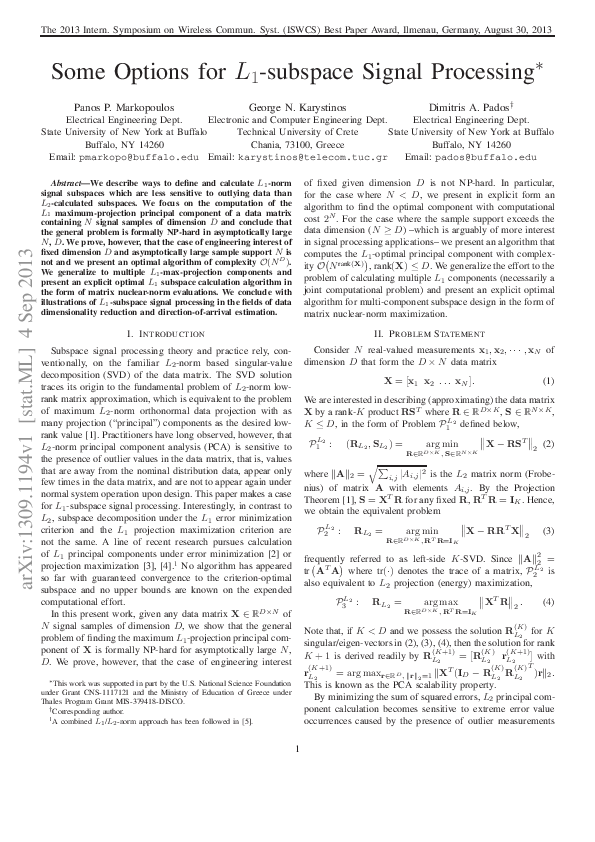 (PDF) Some Options for L1-subspace Signal Processing