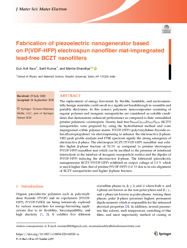 (PDF) Fabrication of piezoelectric nanogenerator based on P(VDF-HFP) electrospun nanofiber mat ...