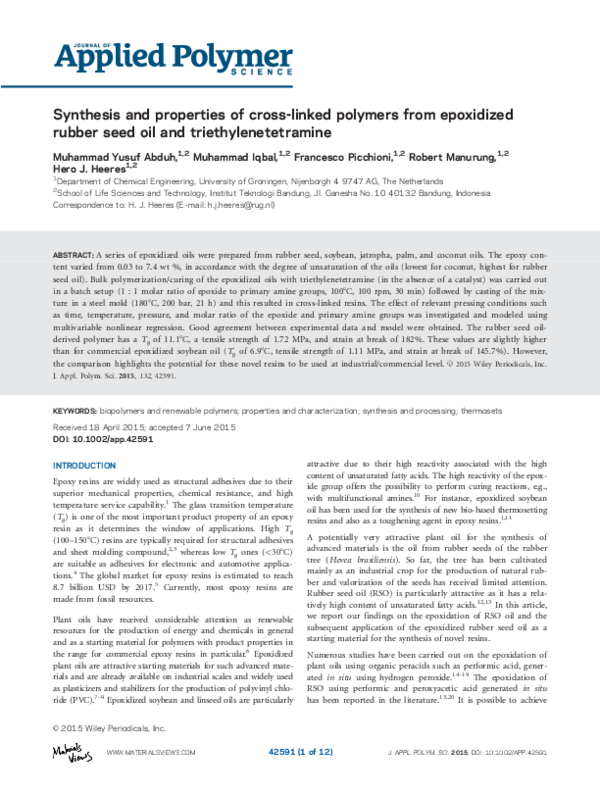 (PDF) Synthesis and properties of cross-linked polymers from epoxidized rubber seed oil and ...