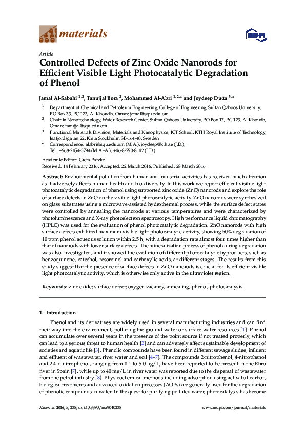 (PDF) Controlled Defects of Zinc Oxide Nanorods for Efficient Visible ...