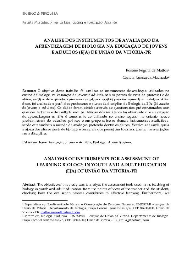 (PDF) Análise Dos Instrumentos De Avaliação Da Aprendizagem De Biologia ...